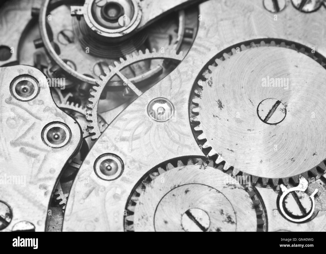 Black and white macro photo close-up view of metal clockwork. Concept ...