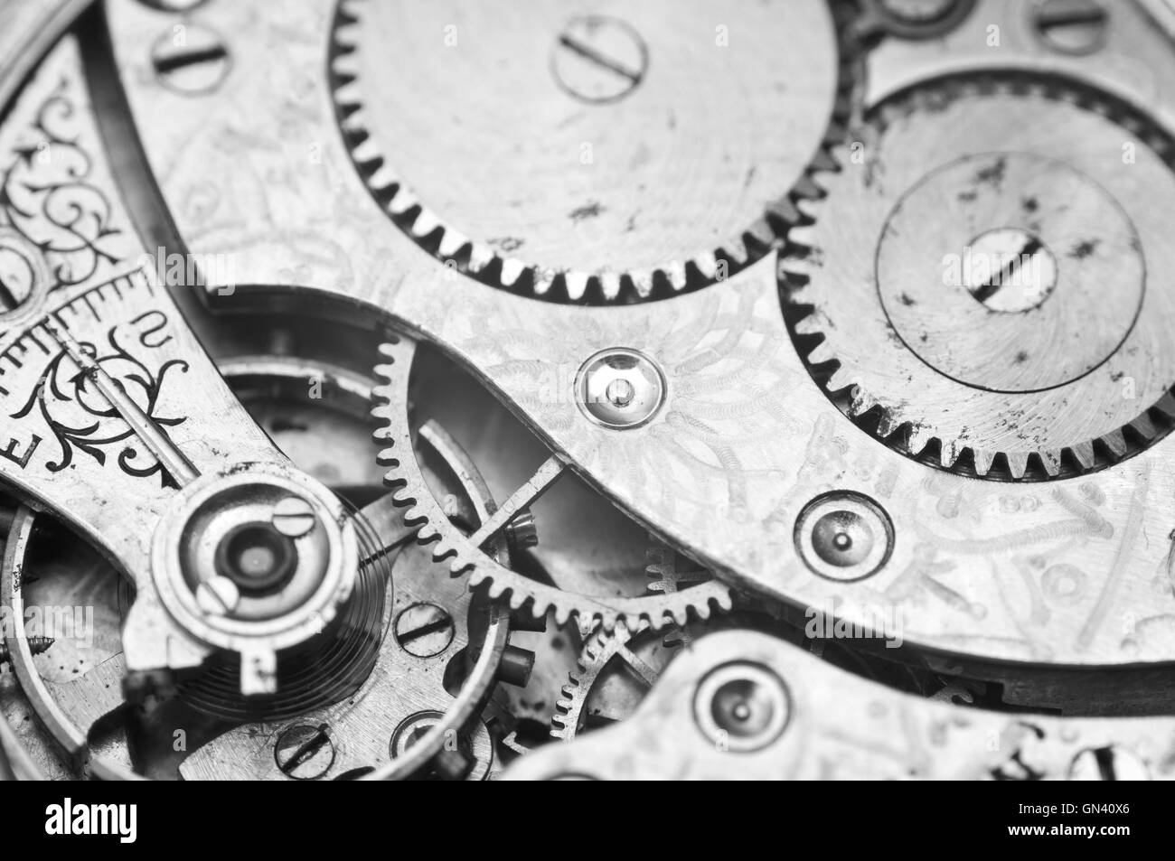Black and white macro photo close-up view of metal clockwork. Concept ...