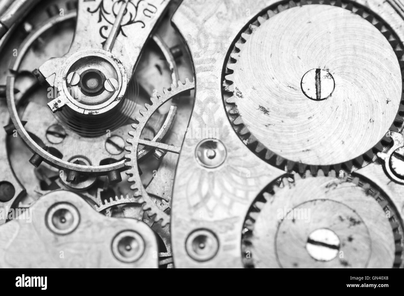 Black and white macro photo close-up view of metal clockwork. Concept ...