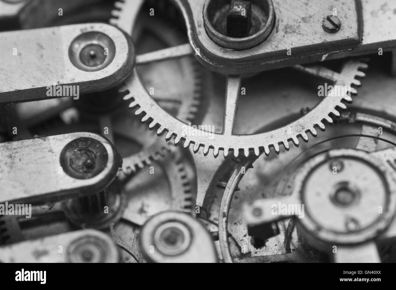Black and white macro photo close-up view of metal clockwork. Concept ...