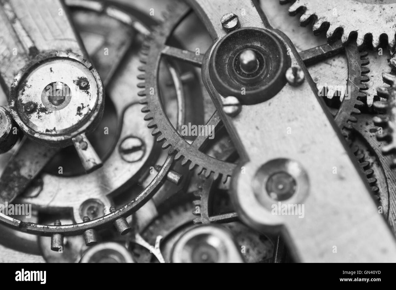 Black and white macro photo close-up view of metal clockwork. Concept ...