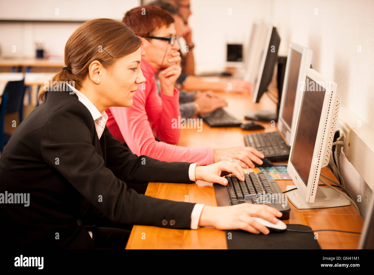 Group of adults learning computer skills. Intergenerational transfer of ...
