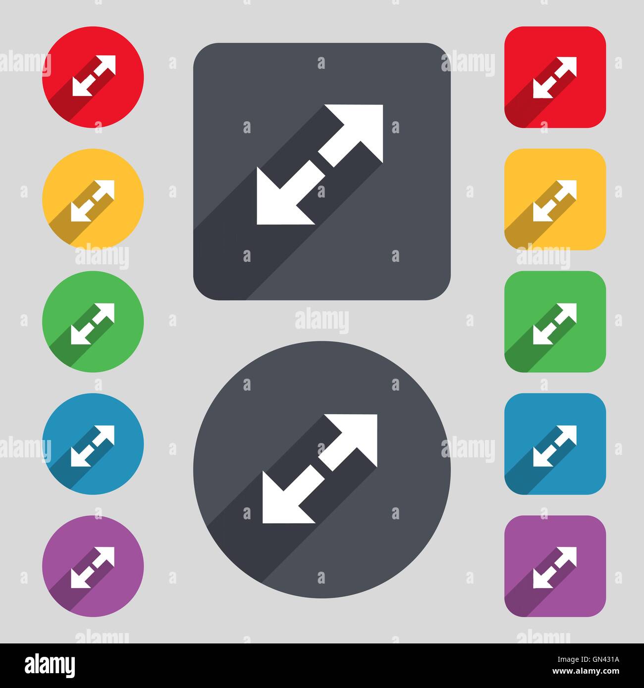Full screen icon sign. A set of 12 colored buttons and a long shadow ...
