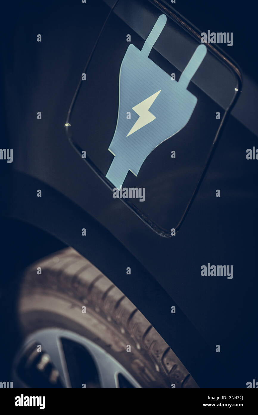 Close up shot of an electricity sign on an electric car's lid Stock ...