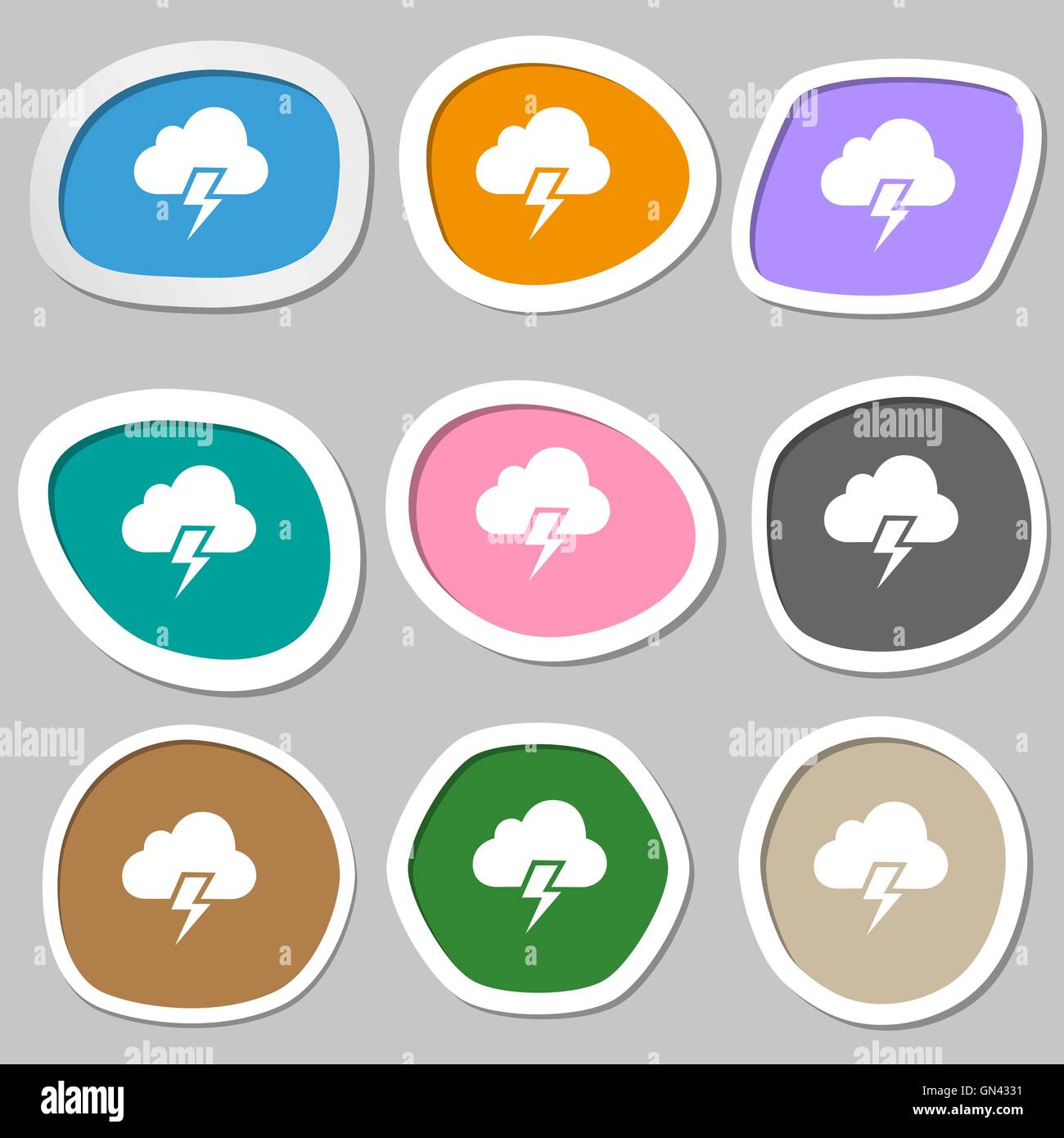 Heavy thunderstorm symbols. Multicolored paper stickers. Vector Stock ...