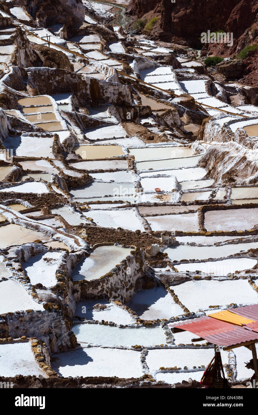 Salt ponds in Maras Peru covering a hillside with rich minerals and a ...