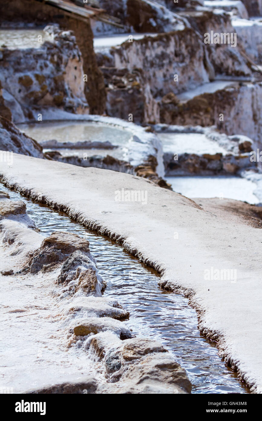 Salt ponds in Maras Peru covering a hillside with rich minerals and a ...