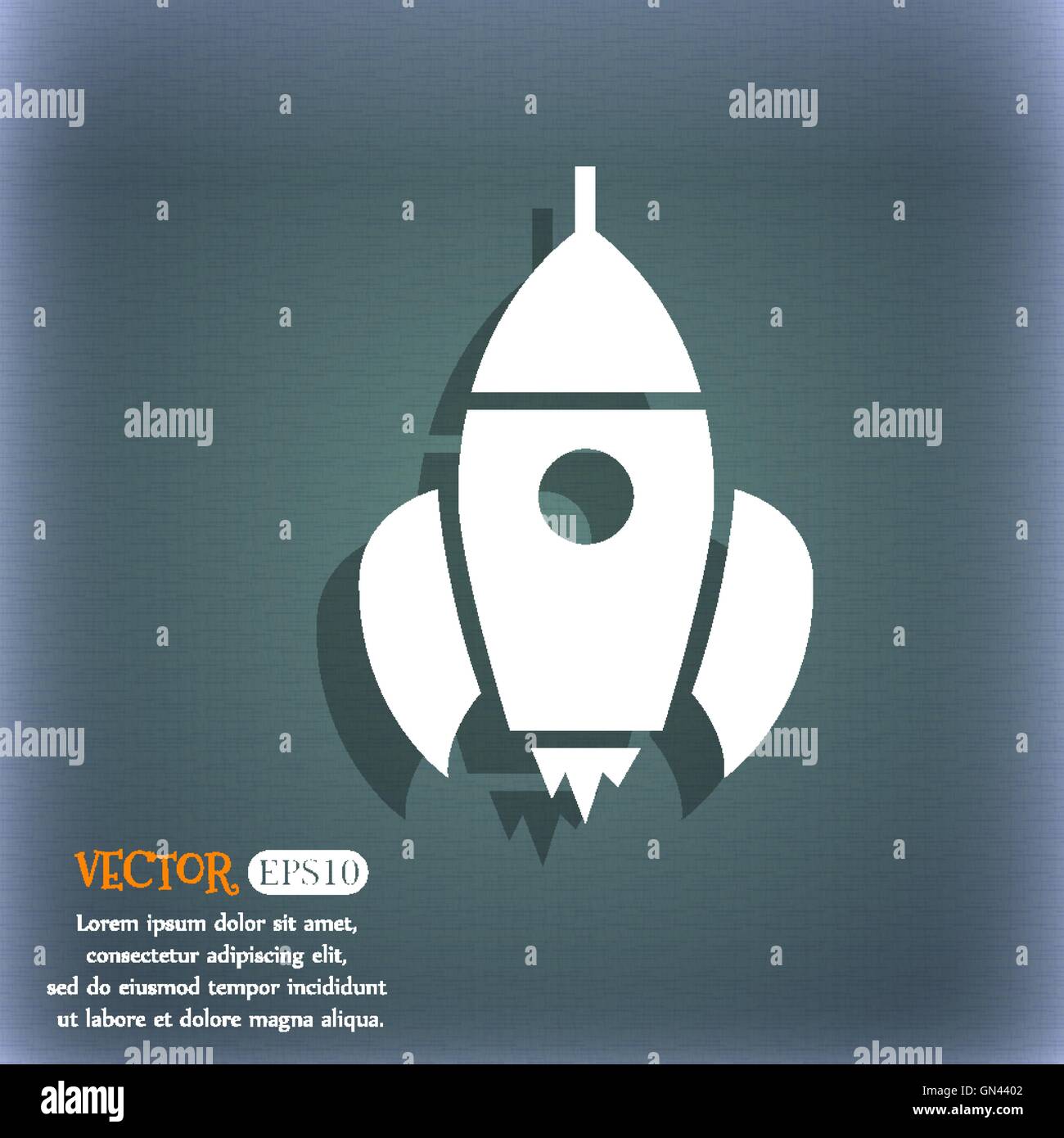Rocket icon. On the blue-green abstract background with shadow and ...