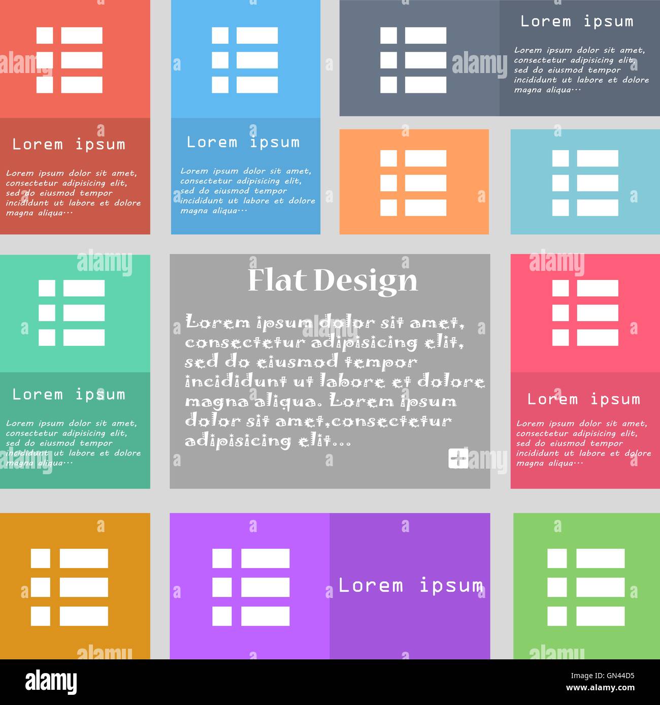 List menu, app icon sign. Set of multicolored buttons with space for ...