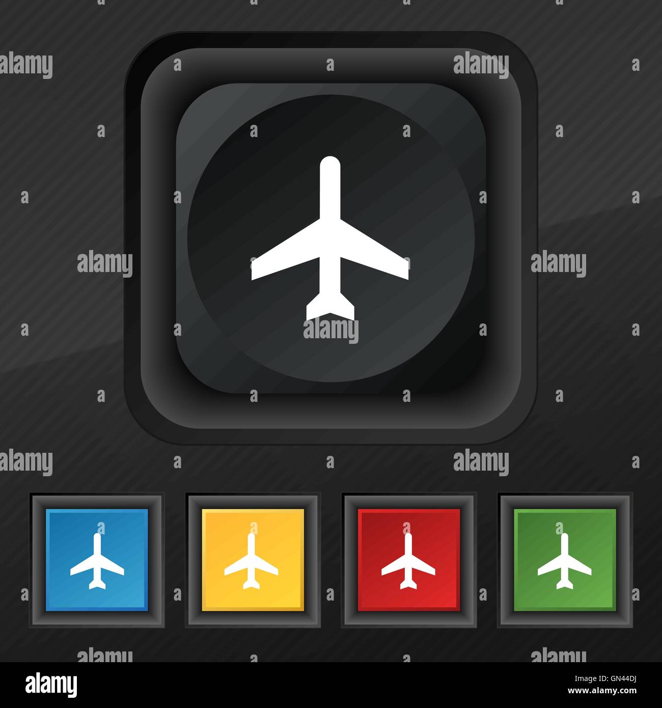 Plane icon symbol. Set of five colorful, stylish buttons on black ...
