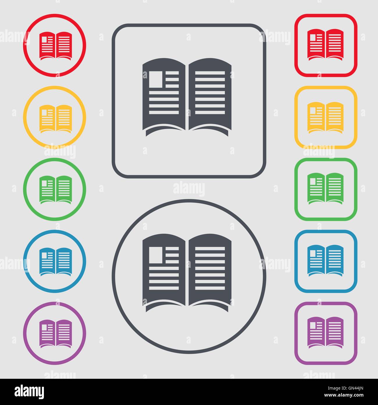 Newspaper icon sign. symbol on the Round and square buttons with frame ...