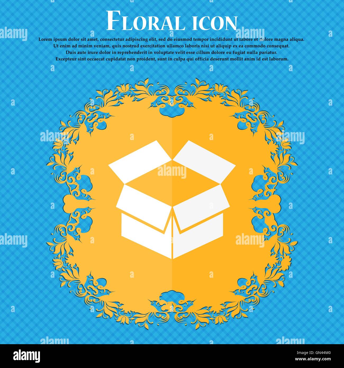 Open box icon. Floral flat design on a blue abstract background with ...