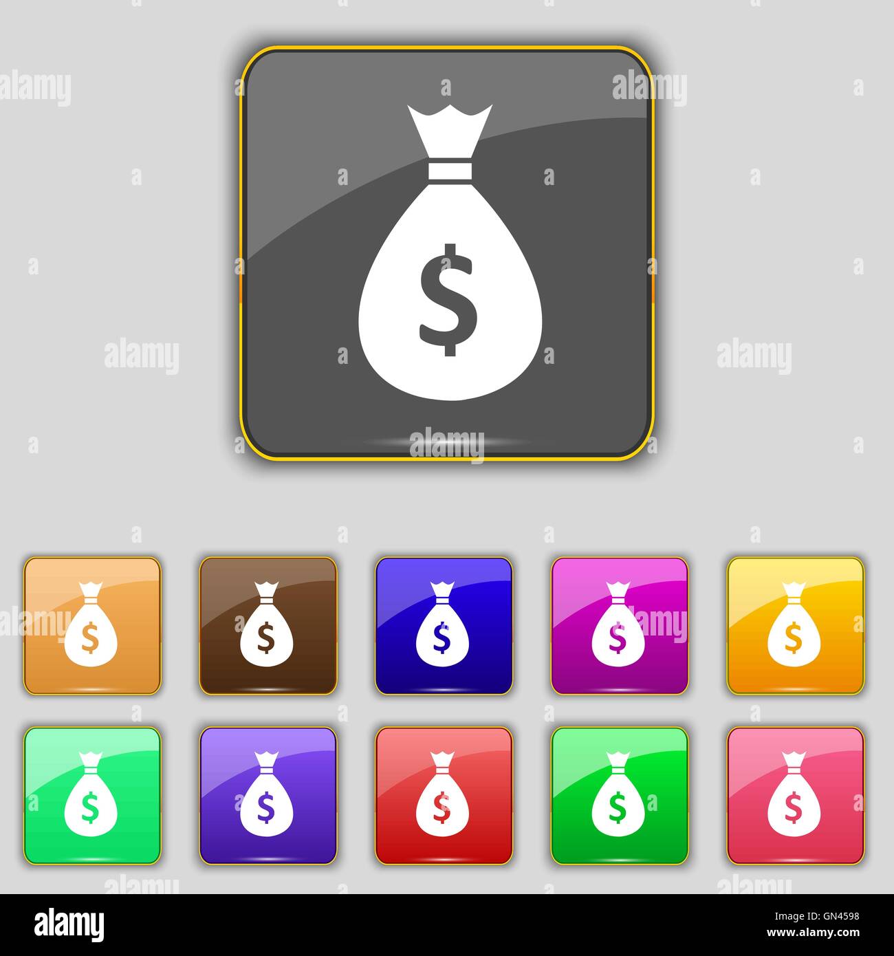 dollar money bag icon sign. Set with eleven colored buttons for your ...