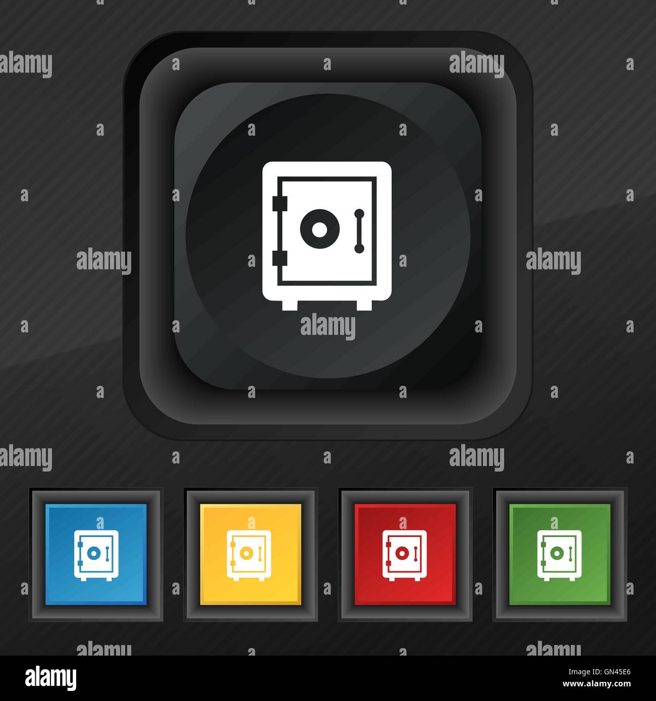 safe icon symbol. Set of five colorful, stylish buttons on black ...