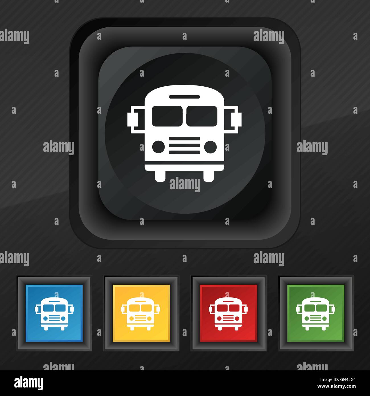 Bus icon symbol. Set of five colorful, stylish buttons on black texture ...