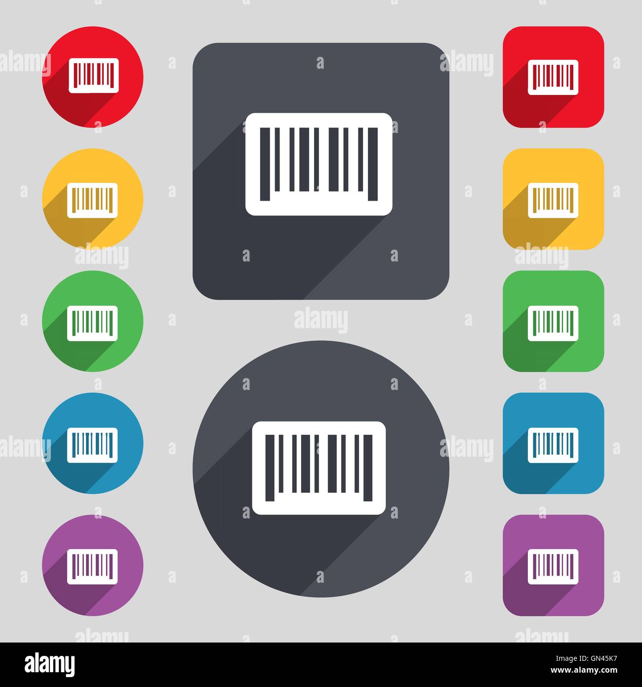 barcode icon sign. A set of 12 colored buttons and a long shadow. Flat ...