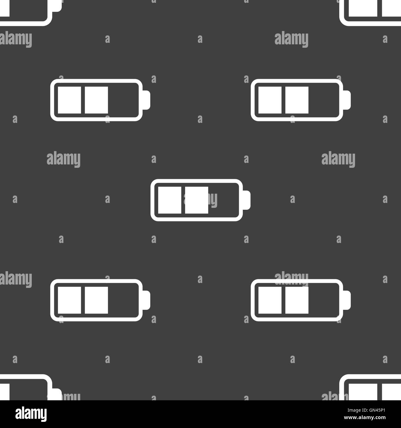 Battery half icon sign. Seamless pattern on a gray background. Vector ...
