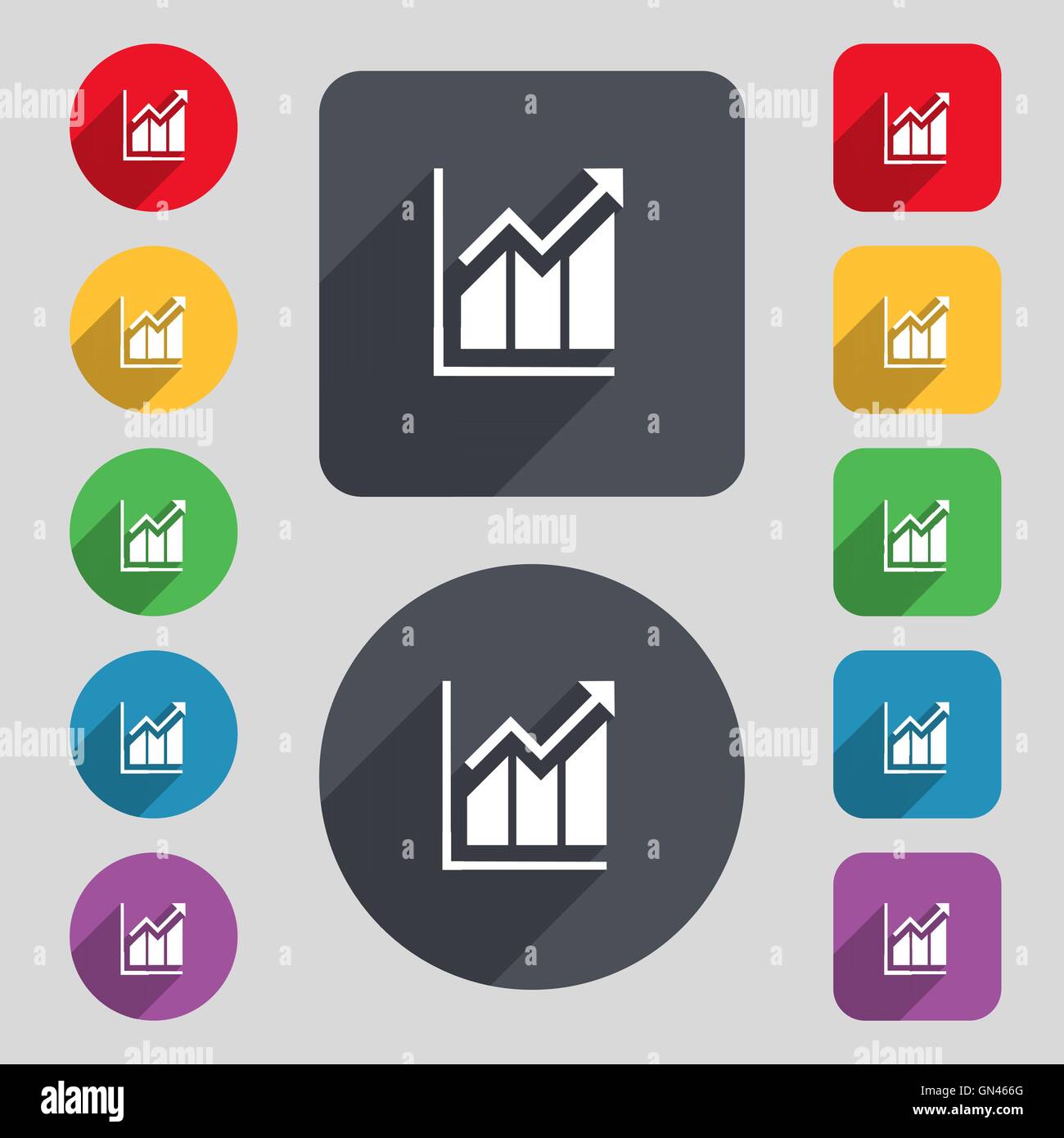 Growing bar chart icon sign. A set of 12 colored buttons and a long ...