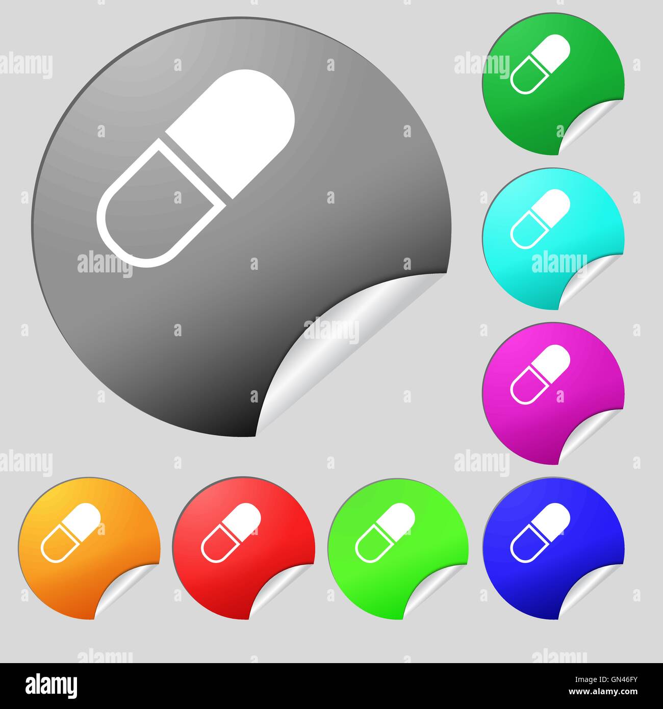 pill icon sign. Set of eight multi colored round buttons, stickers ...