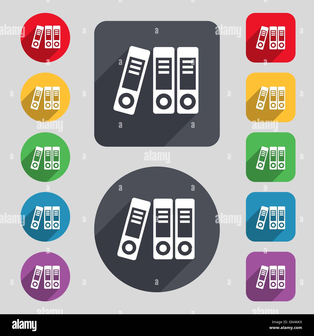 binders icon sign. A set of 12 colored buttons and a long shadow. Flat ...