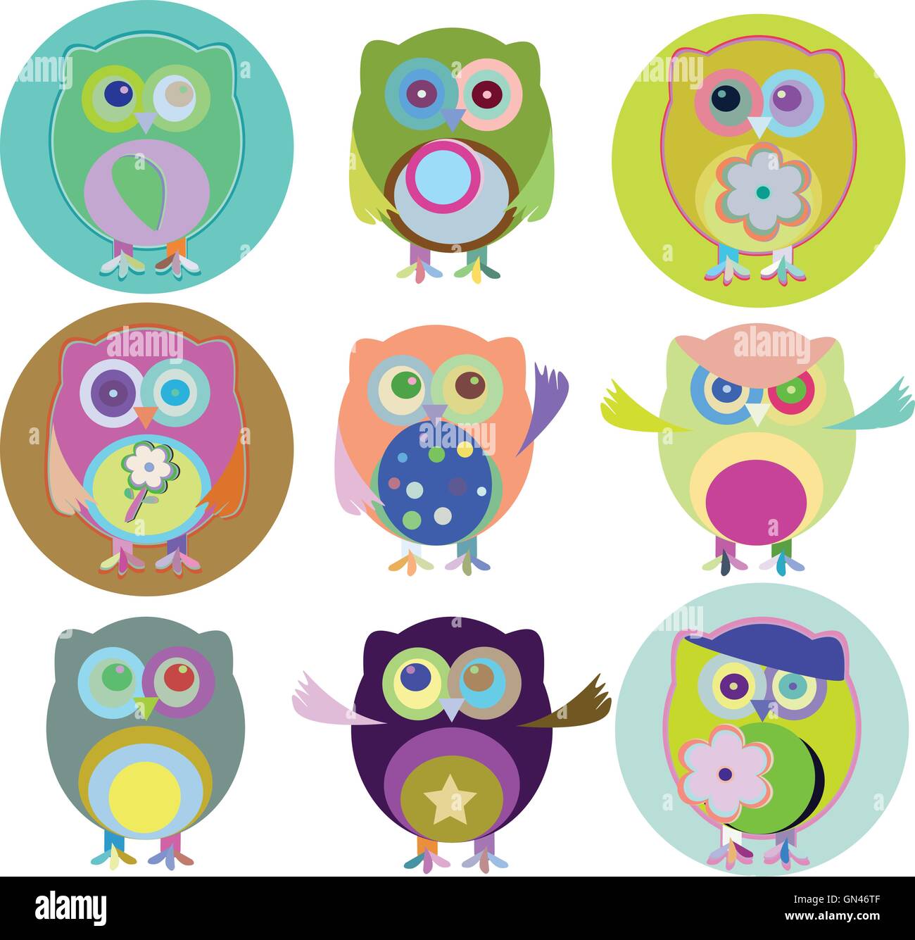 Vector illustration of colorful owls with nine color combinations Stock ...