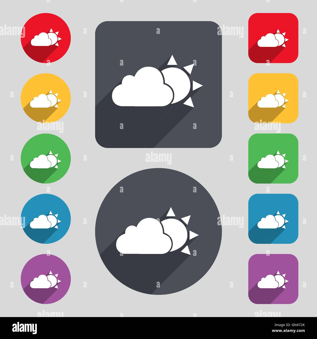 weather icon sign. A set of 12 colored buttons and a long shadow. Flat ...