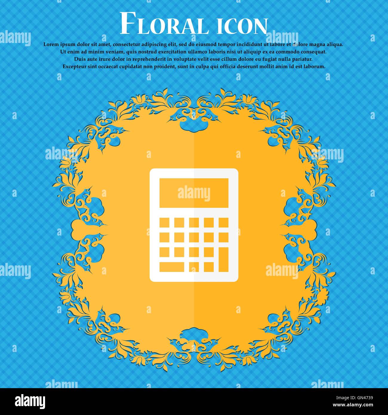 Calculator icon. Floral flat design on a blue abstract background with ...