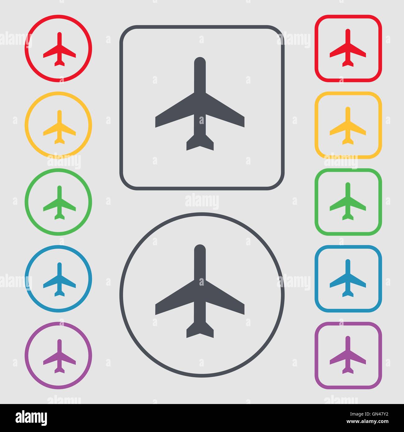 Plane icon sign. symbol on the Round and square buttons with frame ...