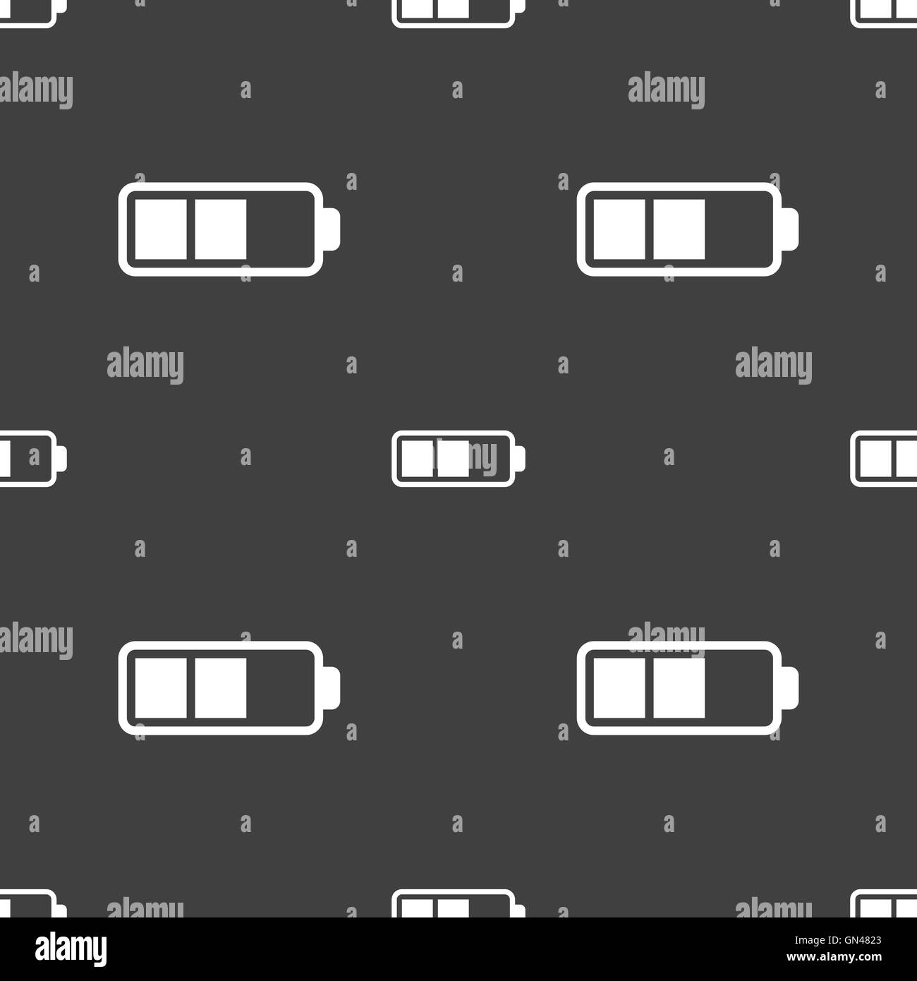 Battery half icon sign. Seamless pattern on a gray background. Vector ...