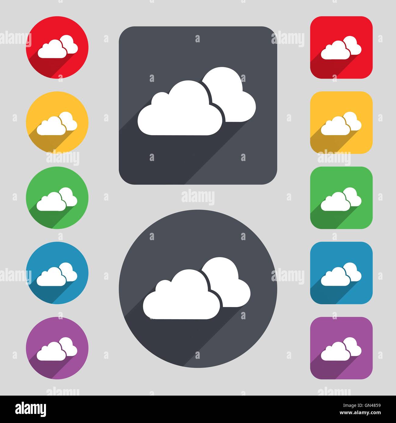 clouds icon sign. A set of 12 colored buttons and a long shadow. Flat ...