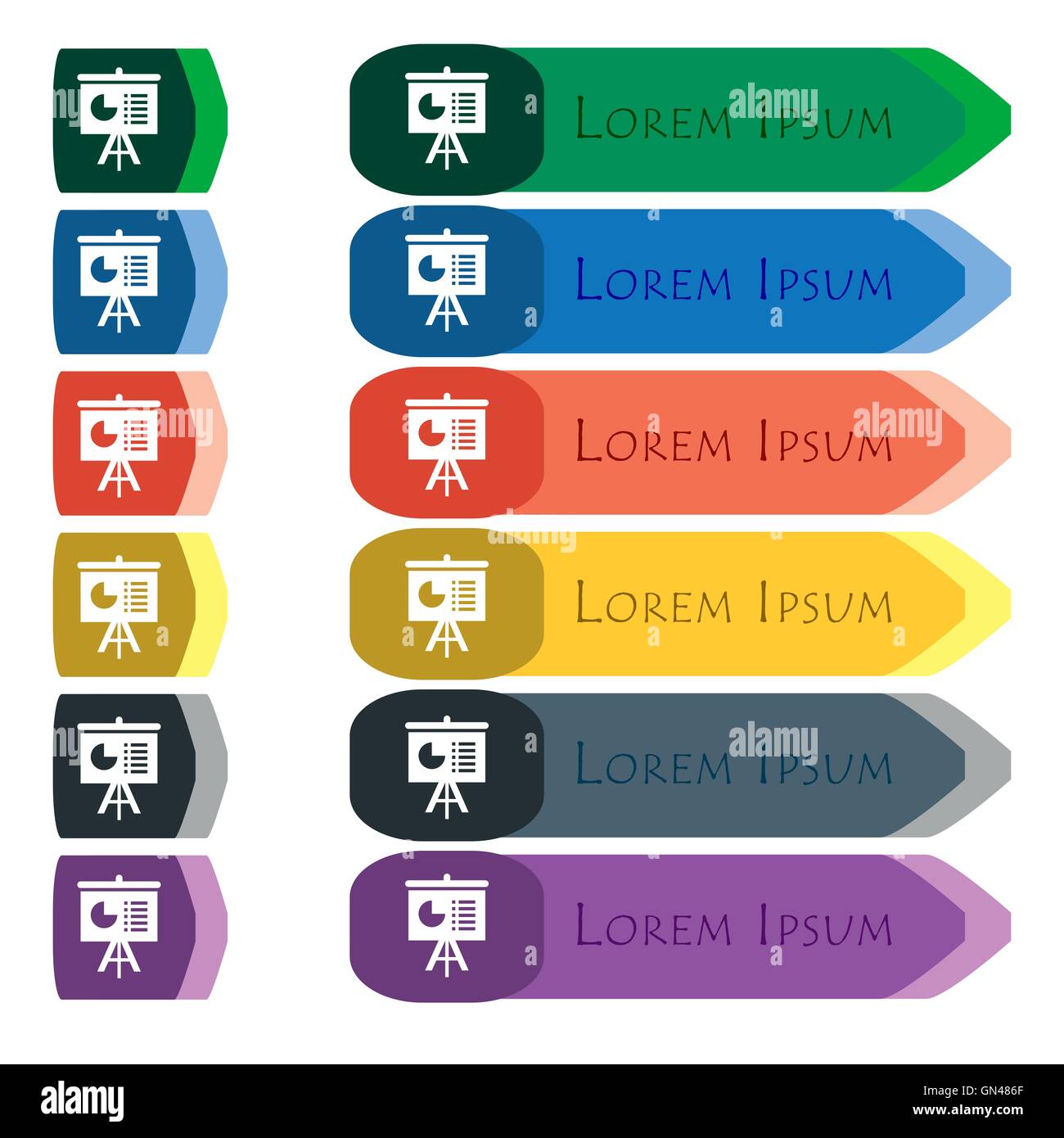 presentation board icon sign. Set of colorful, bright long buttons with ...