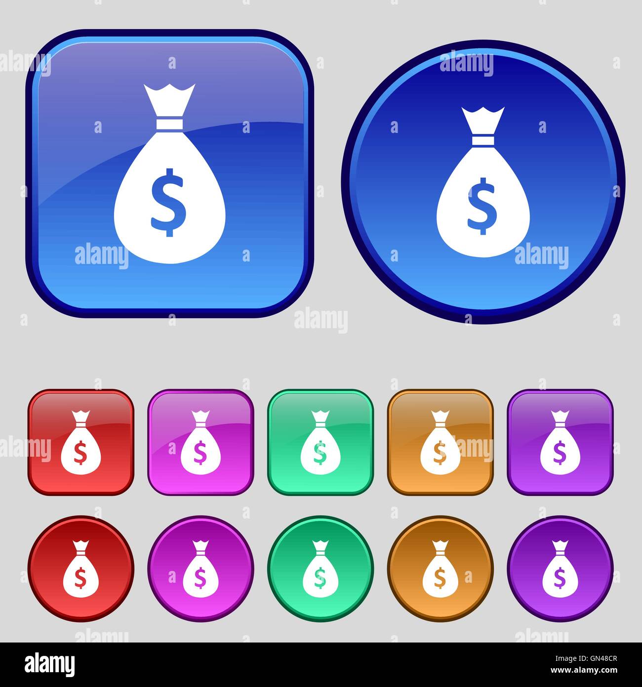 dollar money bag icon sign. A set of twelve vintage buttons for your ...