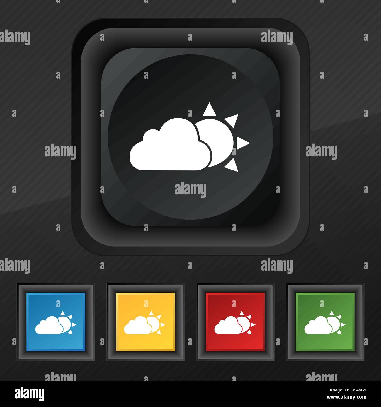 weather icon symbol. Set of five colorful, stylish buttons on black ...