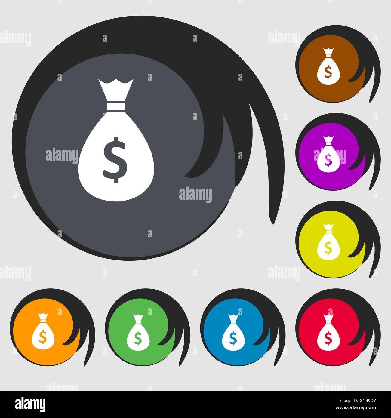 dollar money bag icon. Symbols on eight colored buttons. Vector Stock ...