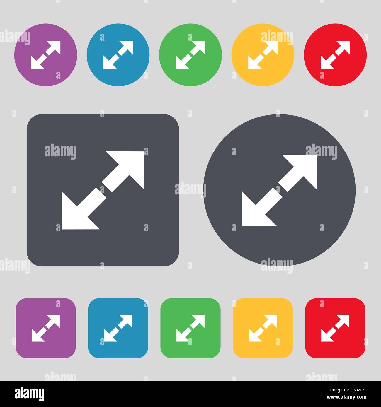 Full screen icon sign. A set of 12 colored buttons. Flat design. Vector ...