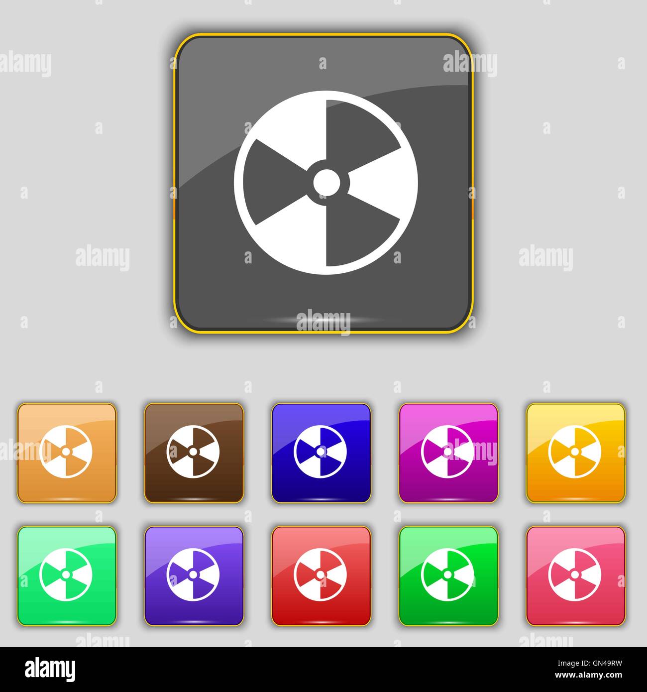 radioactive icon sign. Set with eleven colored buttons for your site ...