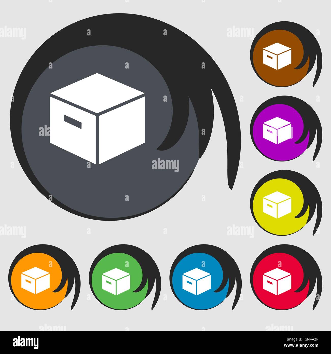 packaging cardboard box icon. Symbols on eight colored buttons. Vector ...