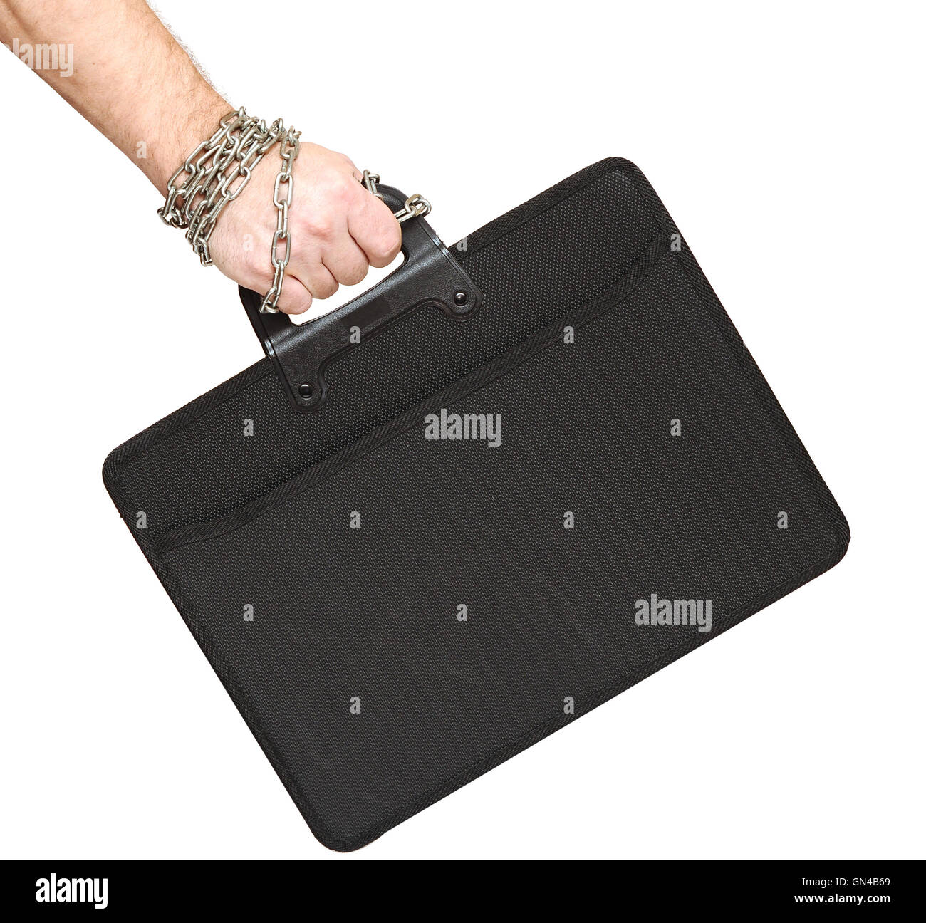 Business briefcase is locked with a chain to hand Stock Photo - Alamy