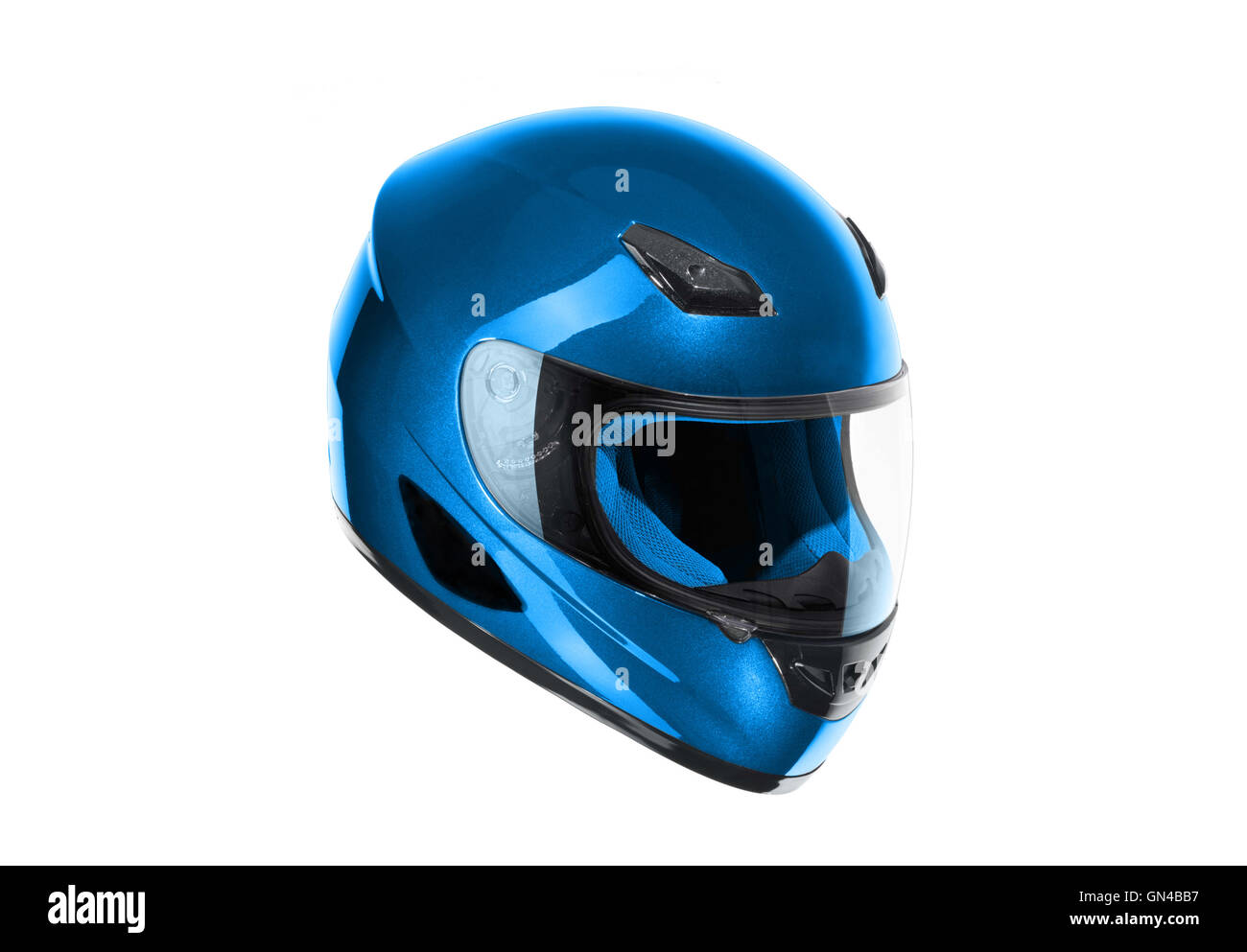 blue, shiny motorcycle helmet Isolated on white background Stock Photo ...