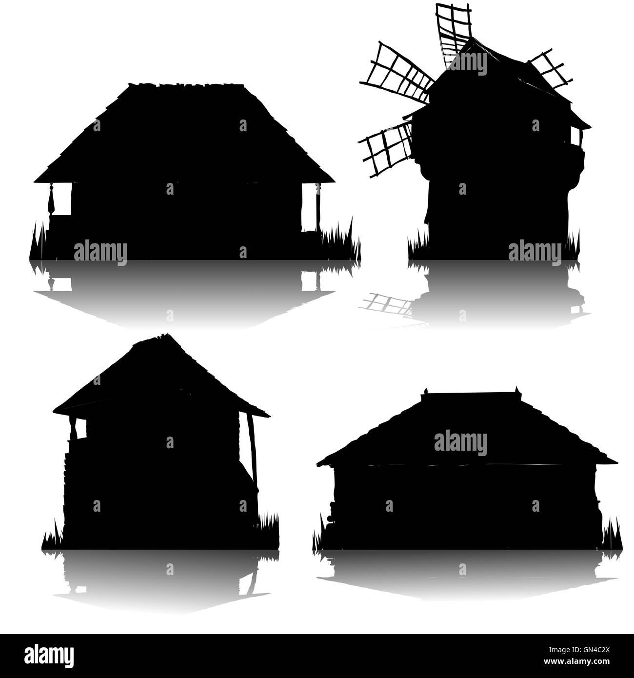 Rural country house silhouette Black and White Stock Photos & Images ...