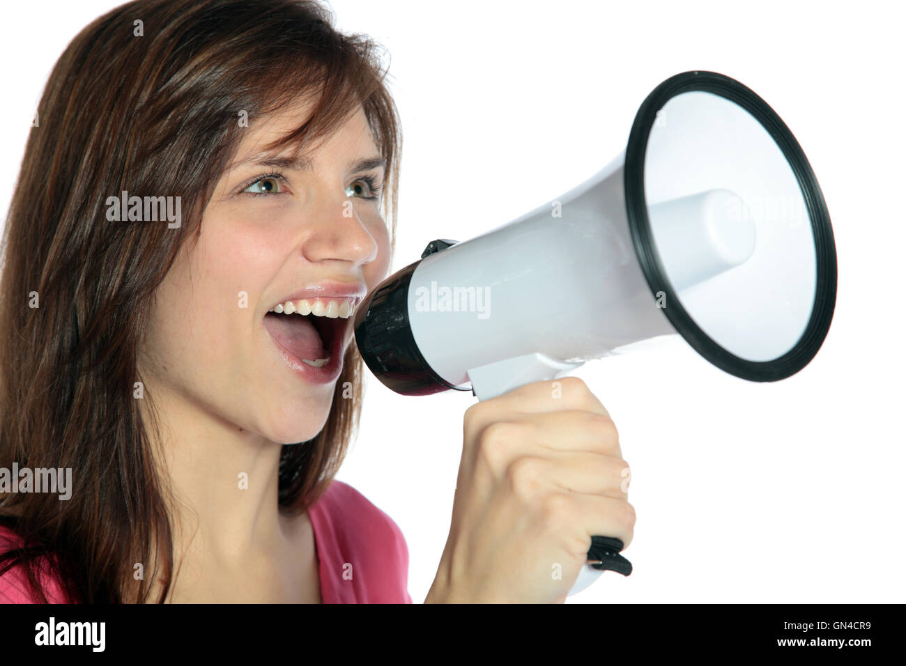 Woman using megaphone Stock Photo - Alamy