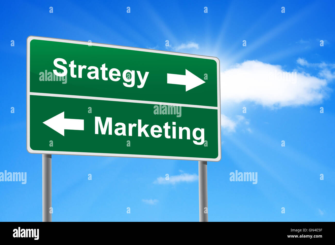 Strategy marketing road sign on background clouds and sunburst Stock ...