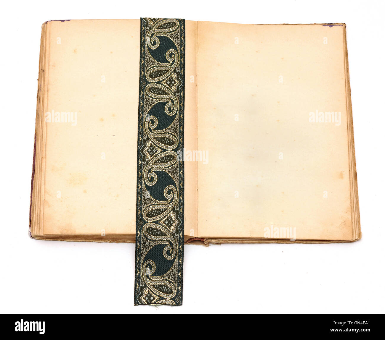 blank open book with antique ribbon on white background Stock Photo - Alamy