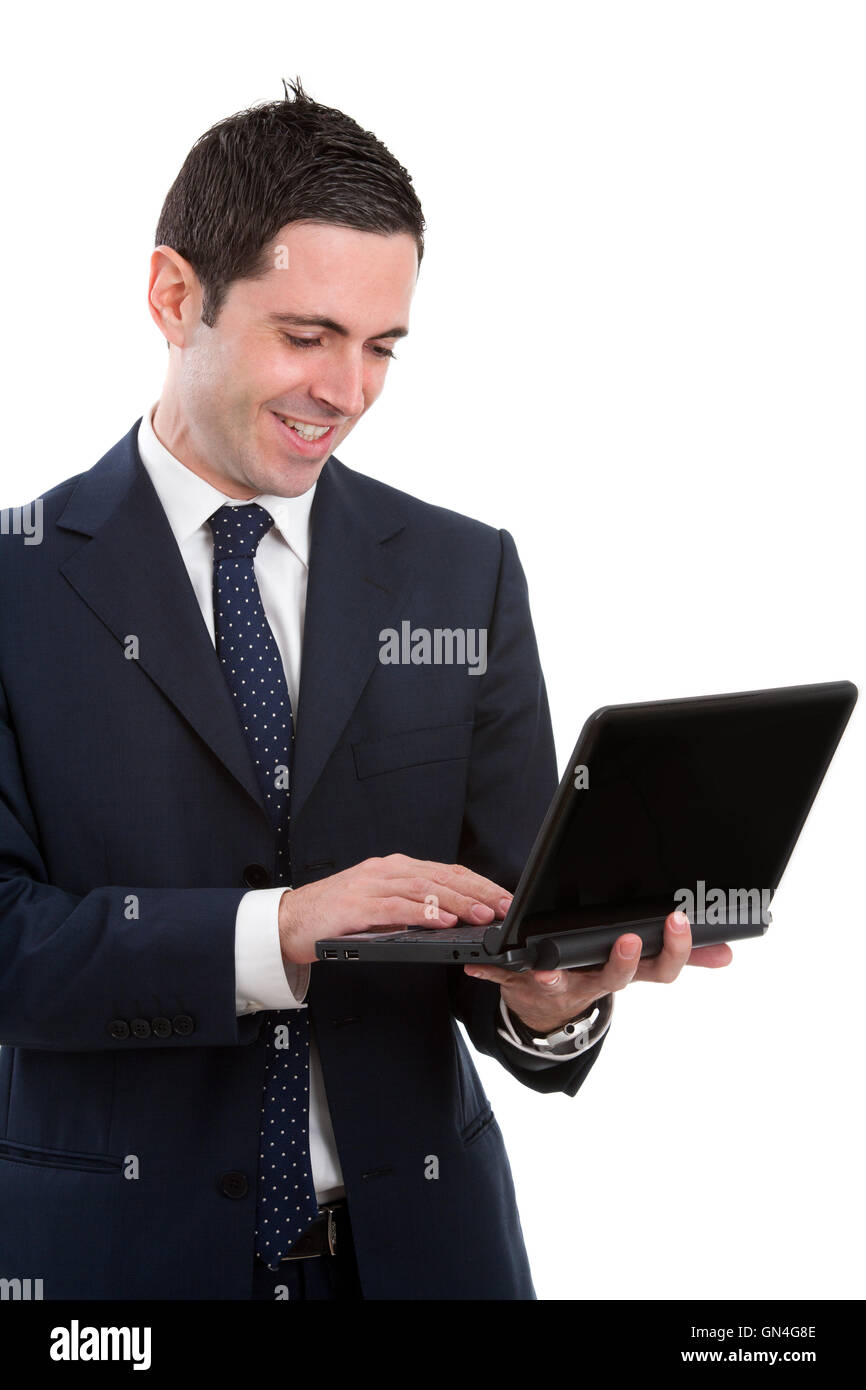Business man working on laptop isolated on white Stock Photo - Alamy