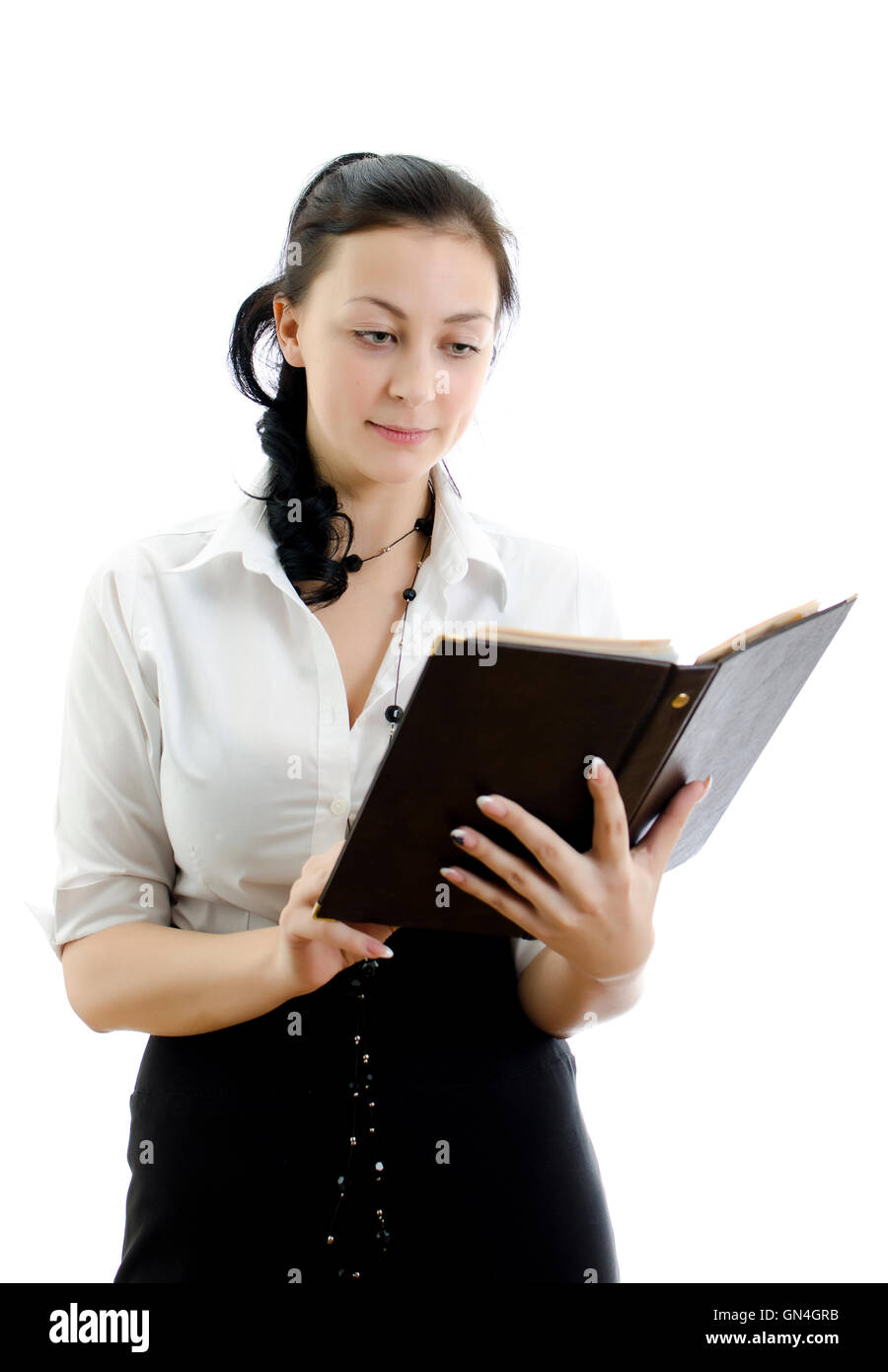Business woman with folder isolated on white background Stock Photo - Alamy