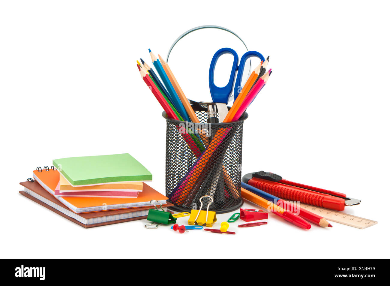 Miscellaneous office supplies on white background Stock Photo - Alamy