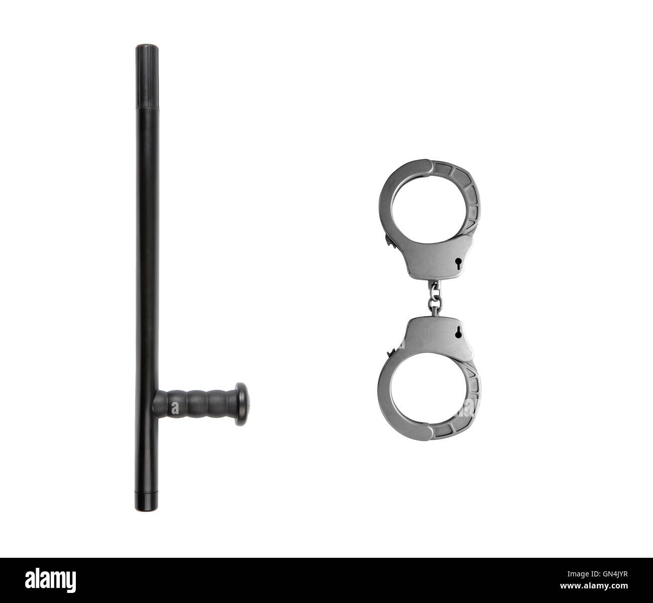 Rubber baton lying and handcuffs on a white background Stock Photo - Alamy
