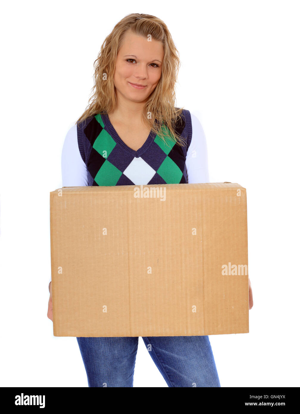 Woman carrying moving box Stock Photo - Alamy