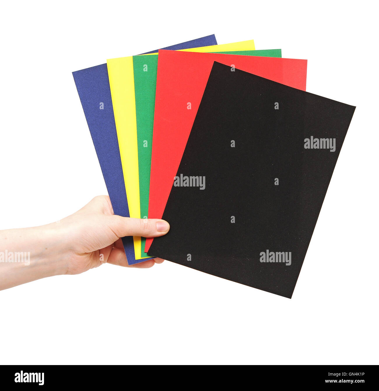 Hands holding color paper sheet isolated on white Stock Photo - Alamy