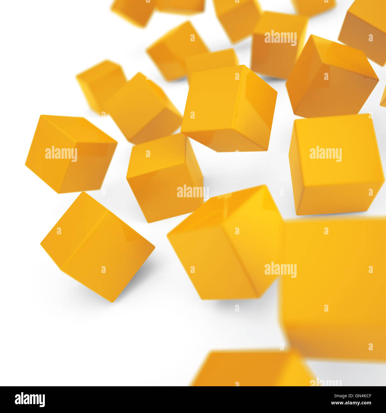 Falling and hitting yellow cubes on a white background Stock Photo - Alamy